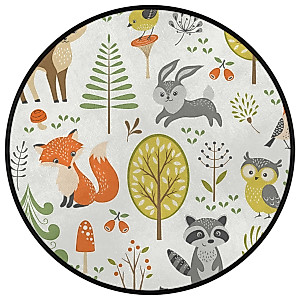 Woodland Animals Round Area Rug, Fox Elk Bear Mushroom Non-Slip Circle Rug for Bedroom Living Room Outdoor Study Playing Floor Mat Carpet, 3' Diameter