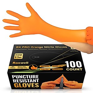 Raxwell Orange Nitrile Gloves - 8.5 Mil Heavy Duty, Diamond Texture For Grip, Puncture Resistant, Latex-Free For Mechanics