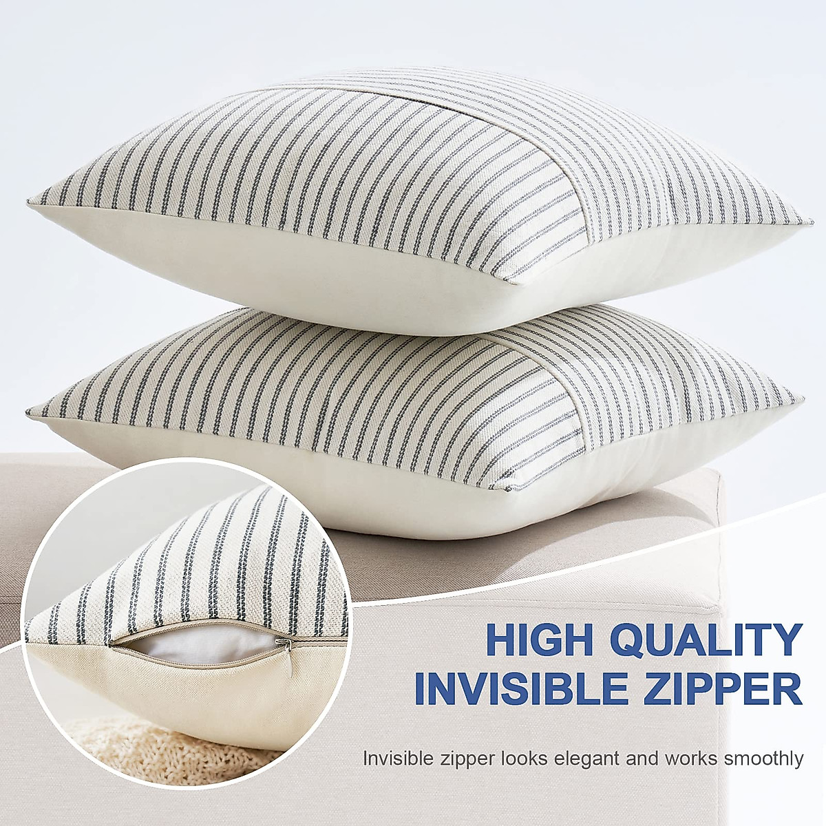 MIULEE Grey and Beige Patchwork Farmhouse Pillow Covers 18x18 Inch, Pack of 2 Striped Linen Decorative Modern Accent Pillow Cases for Sofa Couch Bedroom