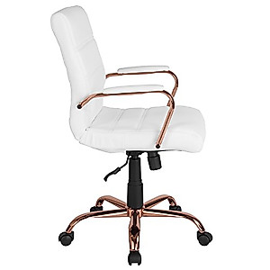 Flash Furniture Whitney Mid-Back Desk Chair - White LeatherSoft Executive Swivel Office Chair with Rose Gold Frame - Swivel Arm Chair