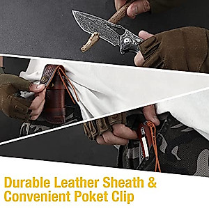 Damascus Pocket Knife for Men, AUGENWEIDE Damascus Steel Pocket Knife with Clip and Sheath, Handmade Real Damascus Steel Folding Knife, Gifts for Father's Day, Valentine's Day A-(KNIFE WITH A LEATHER SHEATH)