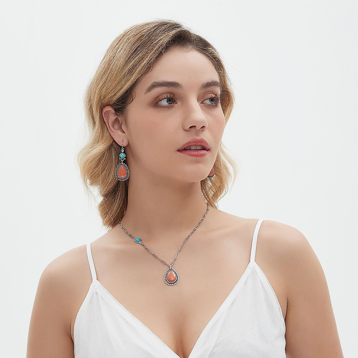 Colloca Orange Spiny Oyster Earrings for Women, Turquoise Orange Teardrop Earrings, Western Bohemian Drop Dangle Earrings, Jewelry Gift box Included