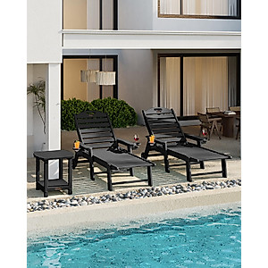 Chaise Lounge Chair Outdoor with Wheels, Double Cup Holders Adjustable 5-Position Chaise Lounge Outdoor with Wood Texture, Patio Lounge Chair for Poolside Backyard, Black