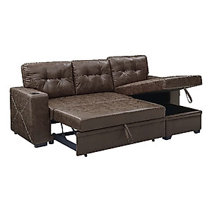 Pemberly Row 85" Wide Easy Pull Out Faux Leather Convertible Sectional Sofa with Cup Holders in Dark Brown