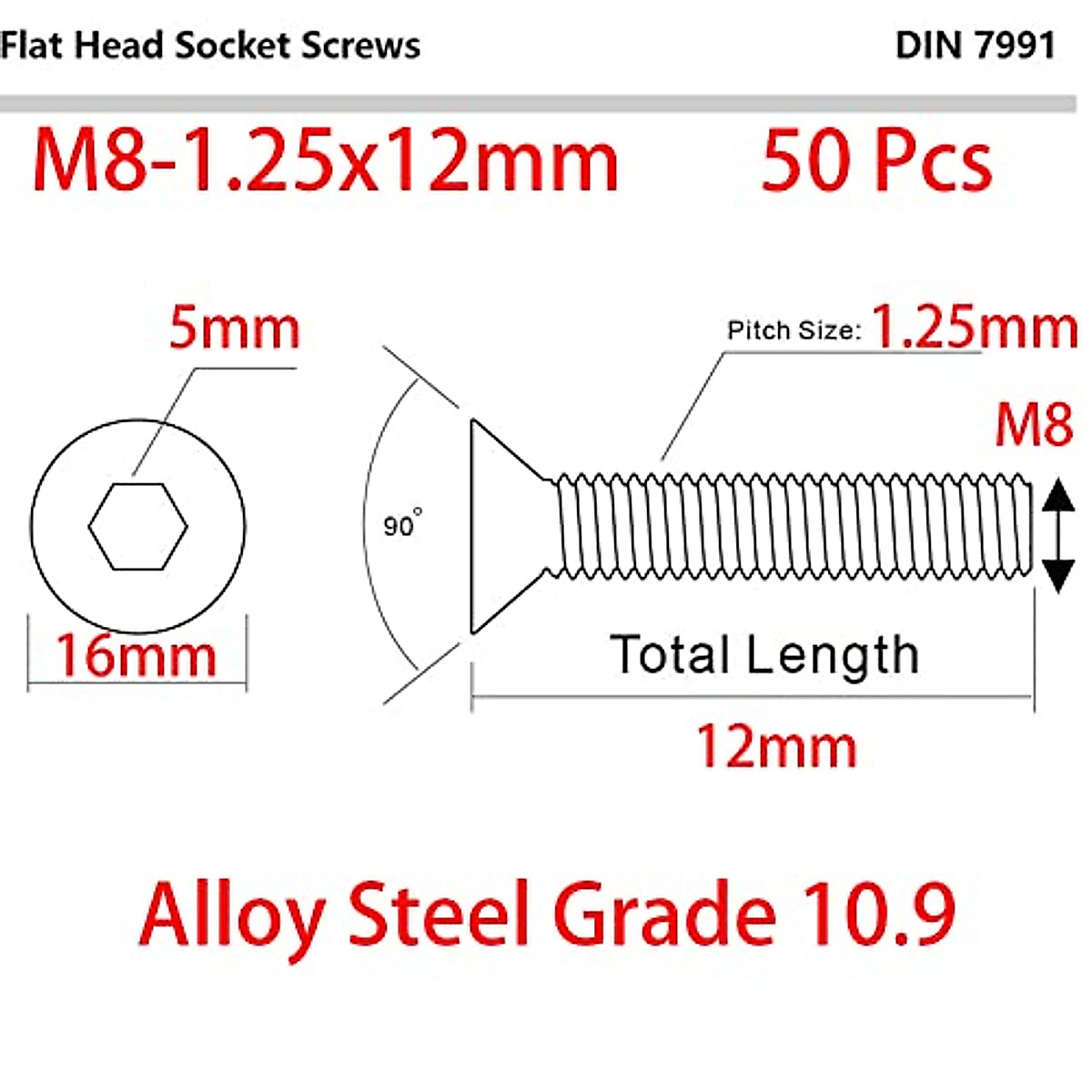 M8-1.25 x 12mm Flat Head Socket Cap Screws,Alloy Steel Grade 10.9, DIN 7991,Black Oxide, Allen Hex Drive,Hex Socket Drive, Fully Thread 50Pcs