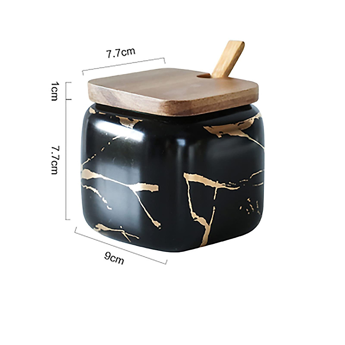 JFFLYIT 2 Sets of Marble Ceramic Sugar Bowl Ceramic Seasoning Jars with Wooden Lid and Wooden Spoon(Black)