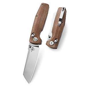 BESTECH KNIVES Pocket Folder Folding Knife: 3.07" D2 Steel Cleaver Stonewashed Blade, Micarta Scales, Thumbstud, B-Lock, EDC Steel Clip, BG43D (Natural)