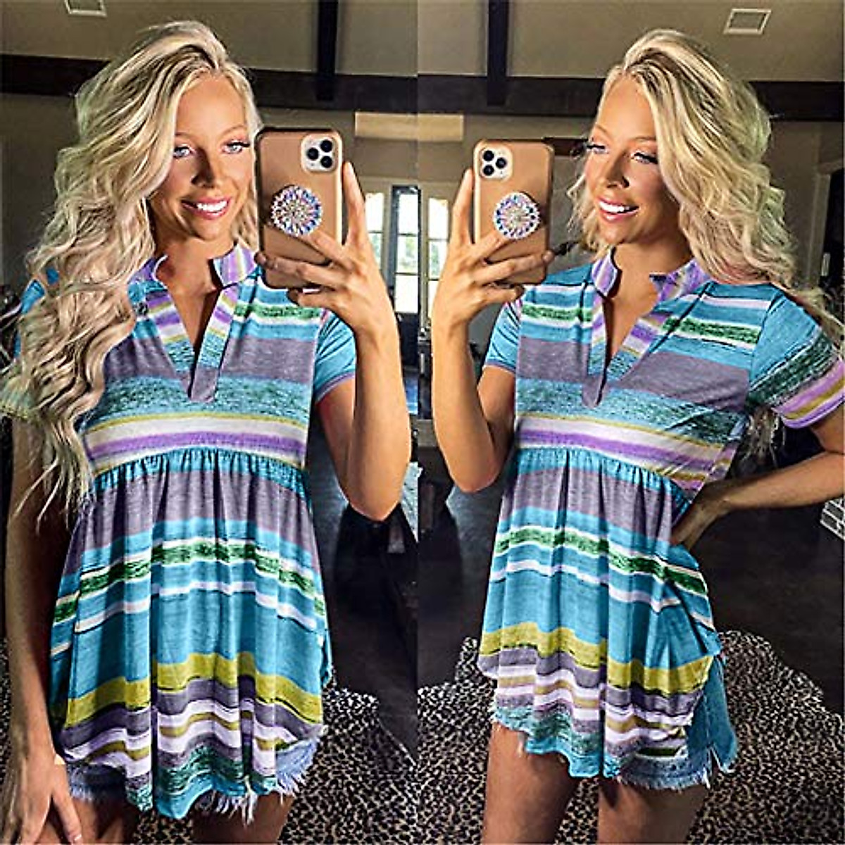 ESKNAS Womens Blouse Summer Rainbow Gradients Stripe Print Tunic Tops Short Sleeve V-Neck Pleated T-Shirt (Blue,XXXXL)