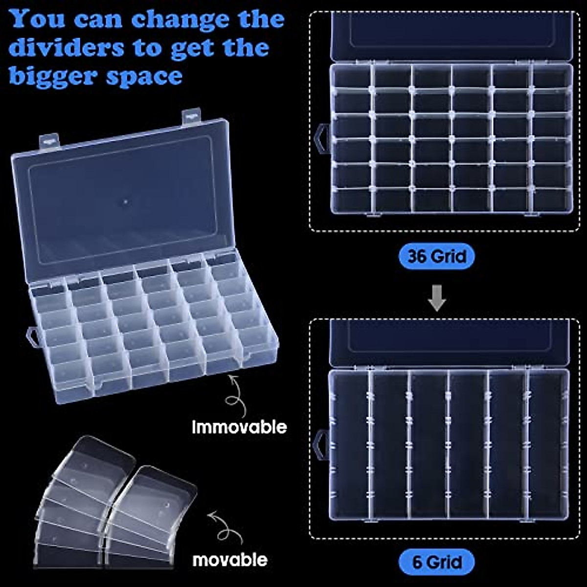 8 Pack 36 Grids Plastic Organizer Box Container Craft Organizer with Adjustable Dividers, Beads Organizer Storage Box for Fishing Tackles Crafts Jewelry Thread Tackle, Clear Blue Pink Orange