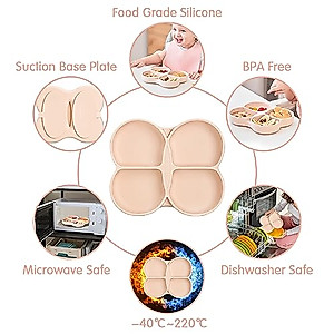 Dommy Butterfly Silicone Toddler Plates with Suction, Divided Design Suction Plates for Toddlers Babies, Food Grade Soft Safe BPA-Free Silicone, Dishwasher Microwave Safe, 6M+, Peach Dust