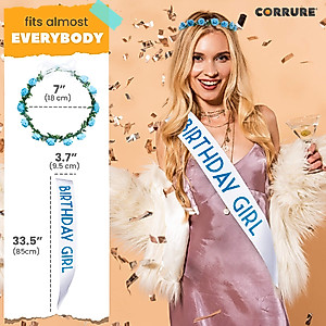 CORRURE 'Birthday Girl' Sash and Tiara - Soft Satin Black with Blue Glitter Birthday Sash for Women with Flower Headband - Ideal Sweet 16, 18th 21st 25th 30th 40th or Any Other Bday Party