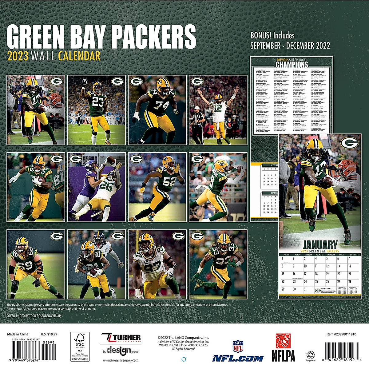 Green Bay Packers 2023 12" x 12" Team Wall Calendar