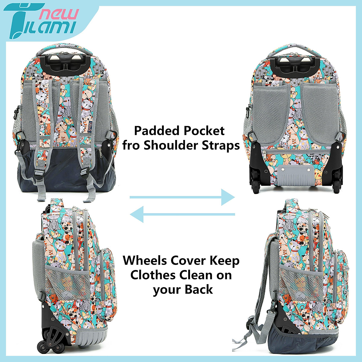 NEW TILAMI Rolling Backpack with Wheels for Boys School Adjustable Laptop Backpack with Wheels for Girls to School Travel Camping Boys Rolling Backpack Cute Cats 18 Inches