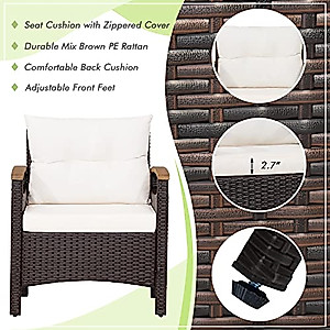 Tangkula 3-Piece Patio Furniture Set, Patiojoy Outdoor Rattan Sofa Set with Coffee Table, Patio Conversation Set with Removable Cushion, Cozy Acacia Wood Armrests for Backyard, Poolside (Off White)