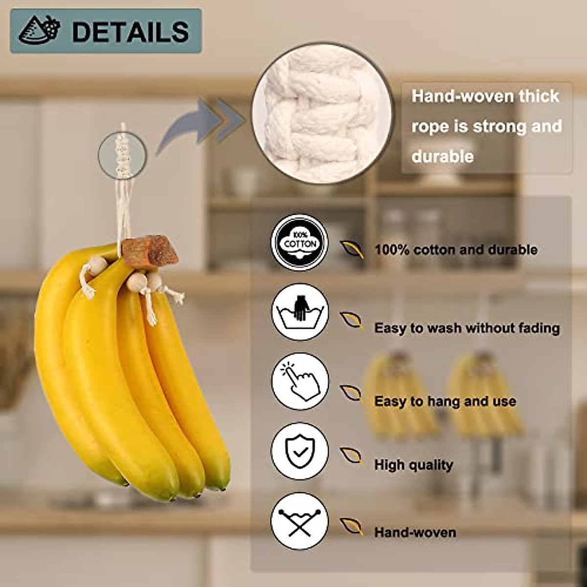 Hanging Fruit Hammock Under Cabinet，Macrame Handwoven Boho Veggie and Fruit Hammock Fruit Holder Net Hanging Kitchen Storage，Includes Banana Hanger And Hook，Saves Counter Space at Home，Boat，or Rv