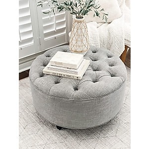 30 Inch Grey Linen, Round Tufted Coffee Table Ottoman