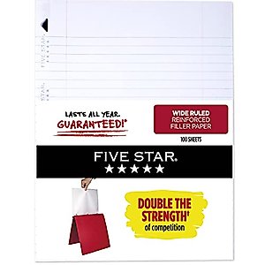 Five Star Loose Leaf Paper, 3 Hole Punched, Reinforced Filler Paper, Wide Ruled, 10-1/2 x 8 inches, 100 Sheets/Pack, 1 Pack (15000)
