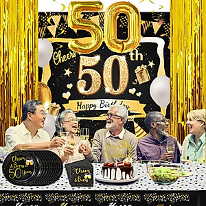 50th Birthday Decorations for Men Women,90 PCS Black Gold 50th and Fabulous Birthday Decorations,Including 50th Birthday Banner Backdrop,Crown,Balloons,Plates, Photo Props, Sash,50th Birthday Gifts