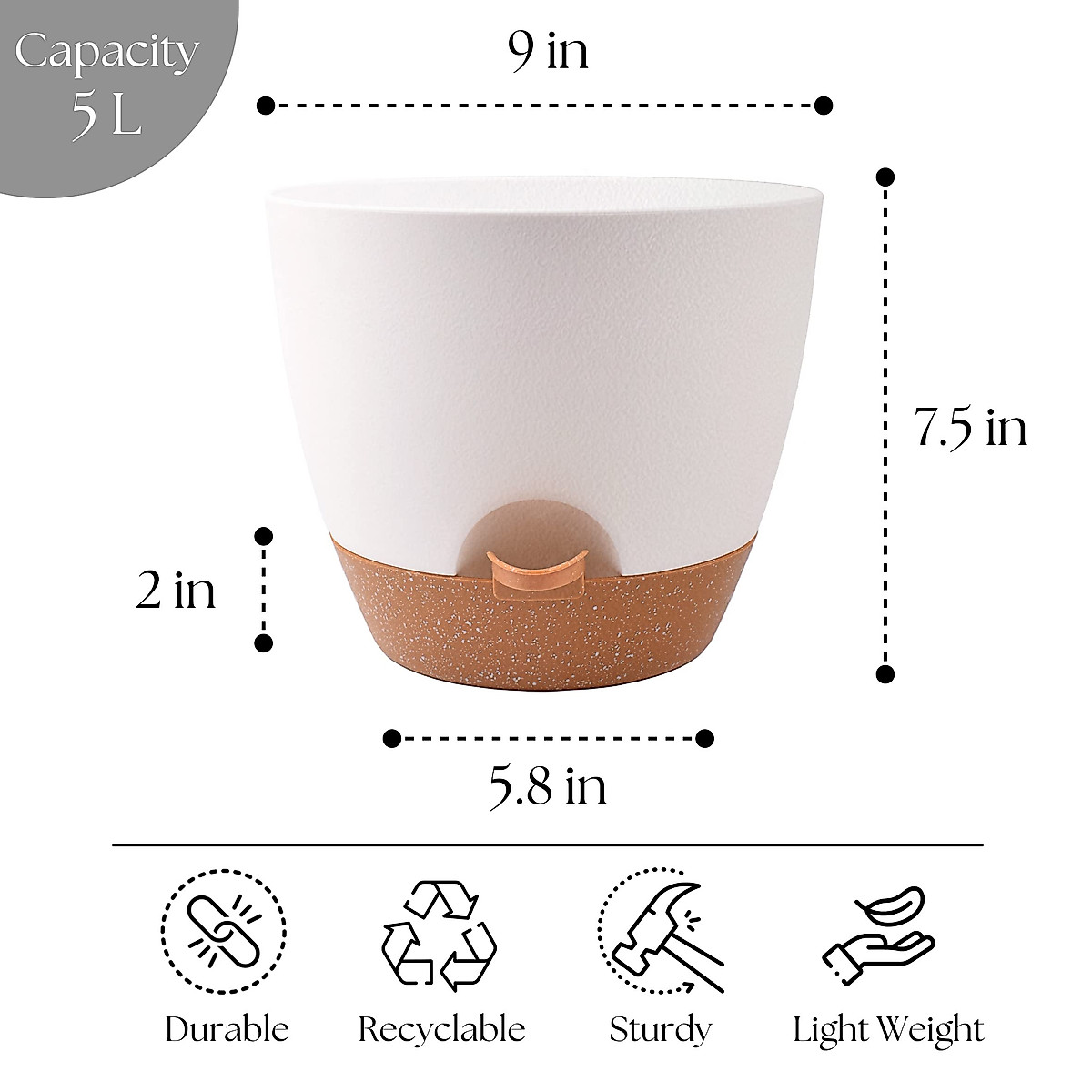 Giraffe Creation 9 inch Plant Pots 2-Pack, Self Watering Flower Pots Indoor Outdoor, Planters with Drainage Hole Saucer Reservoir, White Brown