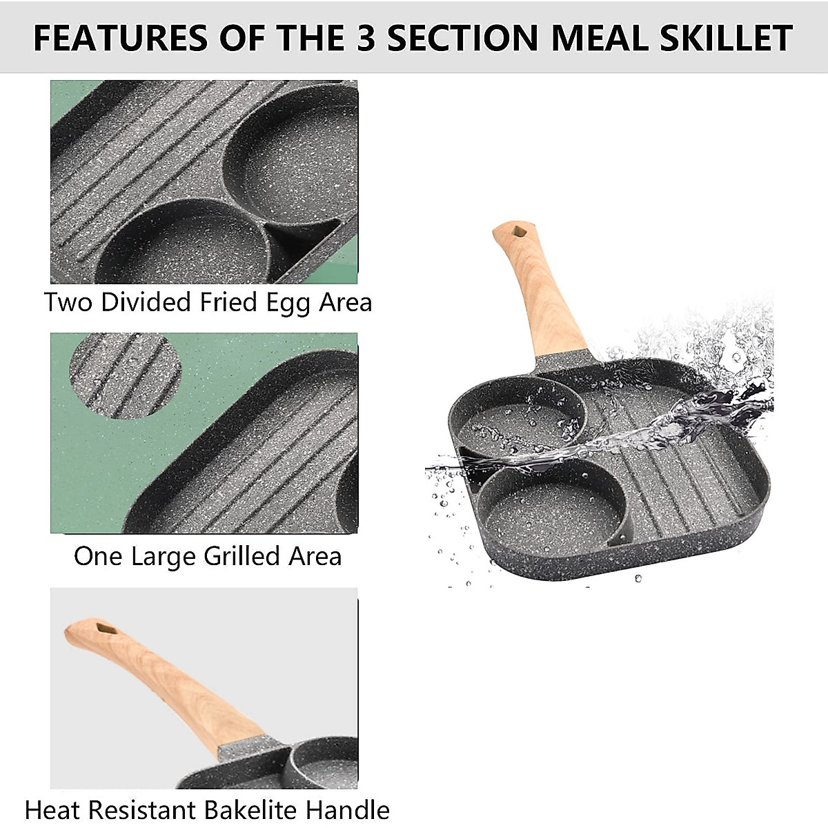 JUSTUP Nonstick Egg Frying Pan, 3-in-1 Nonstick Pan Divided Grill Frying Pan, Heat Resistant Handle 3 Section Skillet Mini Pancake Pan, Cooking Pan for Breakfast, Egg, Bacon and Burgers, 7.3 in