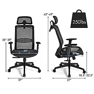 POWERSTONE Ergonomic Mesh Office Chair - High-Back Chair with Clothing Hanger - Computer Desk Chair with Mesh Seat Cushion - Executive Swivel Task Chair with Adjustable Arms and Head Rest - Black