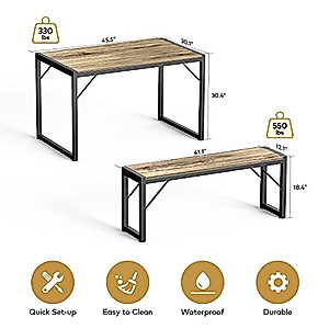Gizoon 45.5" Dining Table Set for 4, Kitchen Dining Table with 2 Benches, Dining Room Table Set with Metal Frame & MDF Board, Space-Saving Dinette for Kitchen, Dining Room -Grey