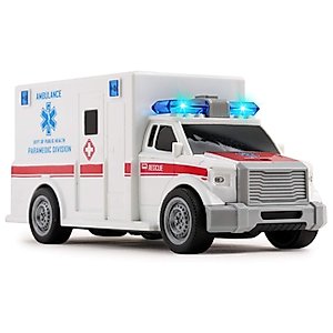 Vokodo Rescue Ambulance Friction Powered 1:20 Scale Toy Car with Lights and Sounds Durable Kids Medical Transport Emergency Vehicle Push and Go Pretend Play Van Great Gift for Children Boys Girls