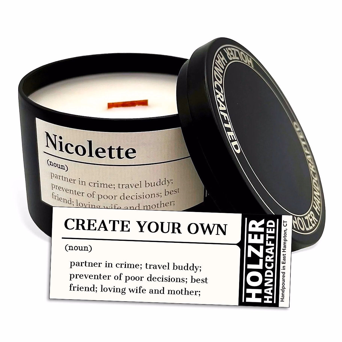 Holzer Custom Candles, Personalized Gifts, Wood Wick Scented/Unscented Custom Candle | Coconut Soy Wax | Handmade in CT USA by Holzer Handcrafted | 6oz in Black Tin Customized Label