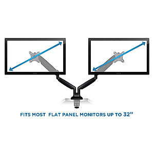 Mount-It! Dual Monitor Arm Mount | Desk Stand | Two Articulating Gas Spring Height Adjustable Arms | Fits 2 x 24 27 29 30 32 Inch VESA 75 100 Compatible Screens | C-Clamp and Grommet Bases (Black)