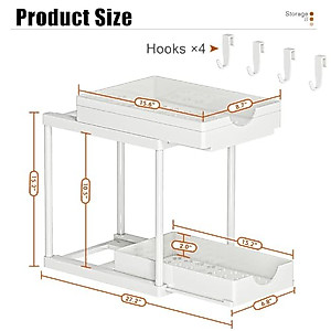 2 Pack Under Sink Organizer，Bathroom Cabinet Organizer, 2 Tier Sliding Cabinet Organizer Drawer with 8 Hooks Pull Out Cabinet Organizer Multi-Purpose Organizer for Bathroom Kitchen (White x 1)