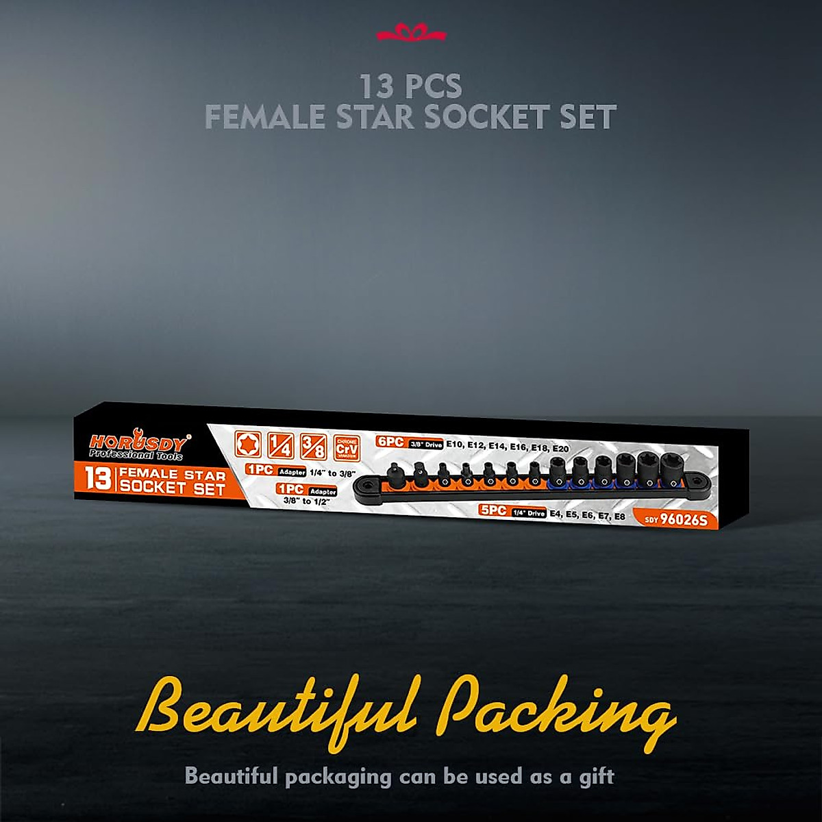 HORUSDY 13-Piece Female External Socket Set | Female E-Torx Sockets (E4-E20) | 2 Impact Socket Adapter Set