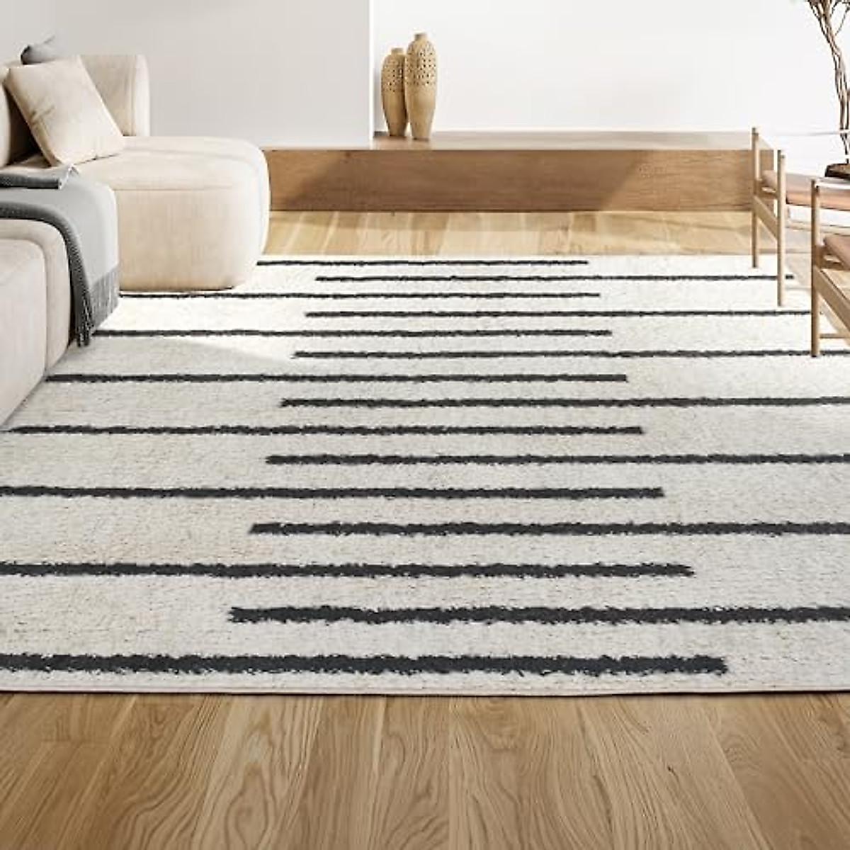 JONATHAN Y MOH402A-8 Alaro Berber Stripe Shag Indoor Area-Rug Bohemian Geometric Contemporary Glam Easy-Cleaning Bedroom Kitchen Living Room Non Shedding, 8 X 10, White/Black