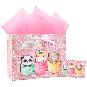 Loveinside Baby Girl Gift Bag Pink Animal Design with Tissue Paper and Greeting Card for Baby Shower, New Parents, and More - 13" x 10" x 5", 1 Pcs