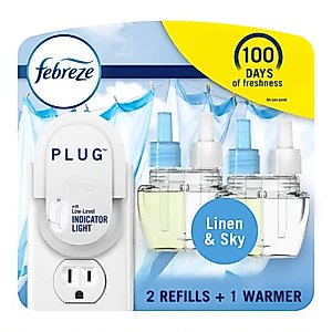 Febreze Plug In Air Fresheners, Linen & Sky Scent, Odor Fighter for Strong Odors, 1 Warmer + 2 Oil Refills- Pack of 2