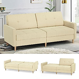 77" Modern Linen Fabric Futon Sofa Bed with Adjustable Backrest & Solid Wood Legs, Convertible Loveseat Couch Sleeper Sofabed 3 Seats Sofa for Small Space (Beige)