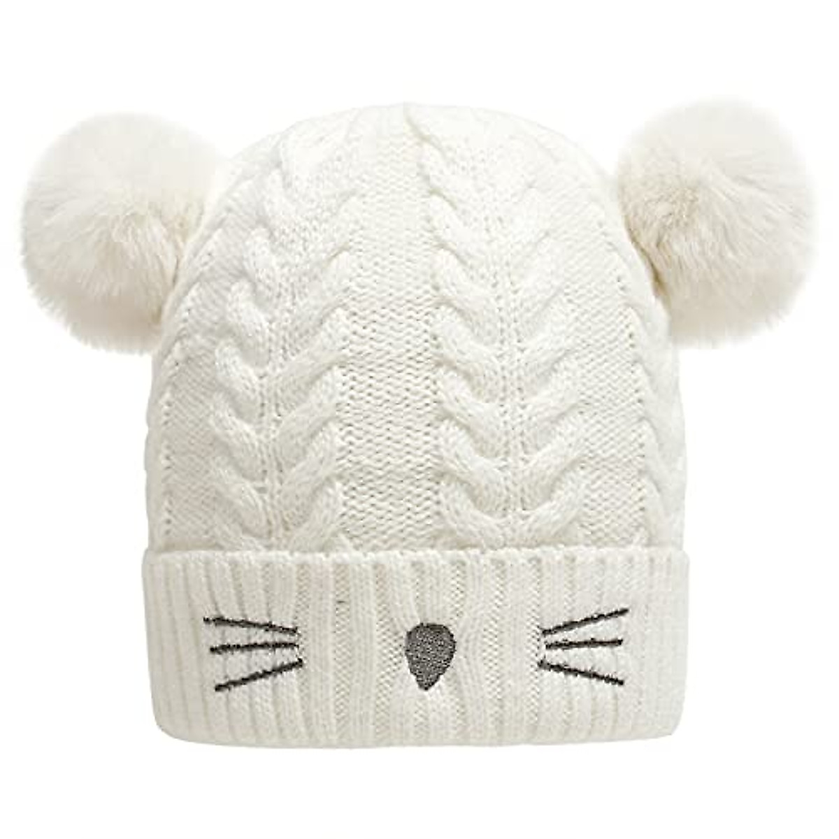 BUBO.YAA Baby Girl Winter Hat Cable Knit Baby Beanie for Infant Toddler Double Faux Fur Pom Pom Beanie with Fleece Lining