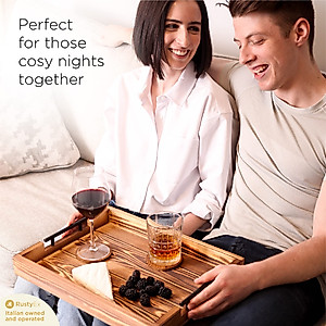 RustyEx Pine Wood Serving Tray - Metal Handles Rectangular Breakfast Tray 17x13x2 inches with Extra Bamboo Cutlery Sets, Rustic Coasters, Elegant Napkin Holders Good for Eating, Working, Storing