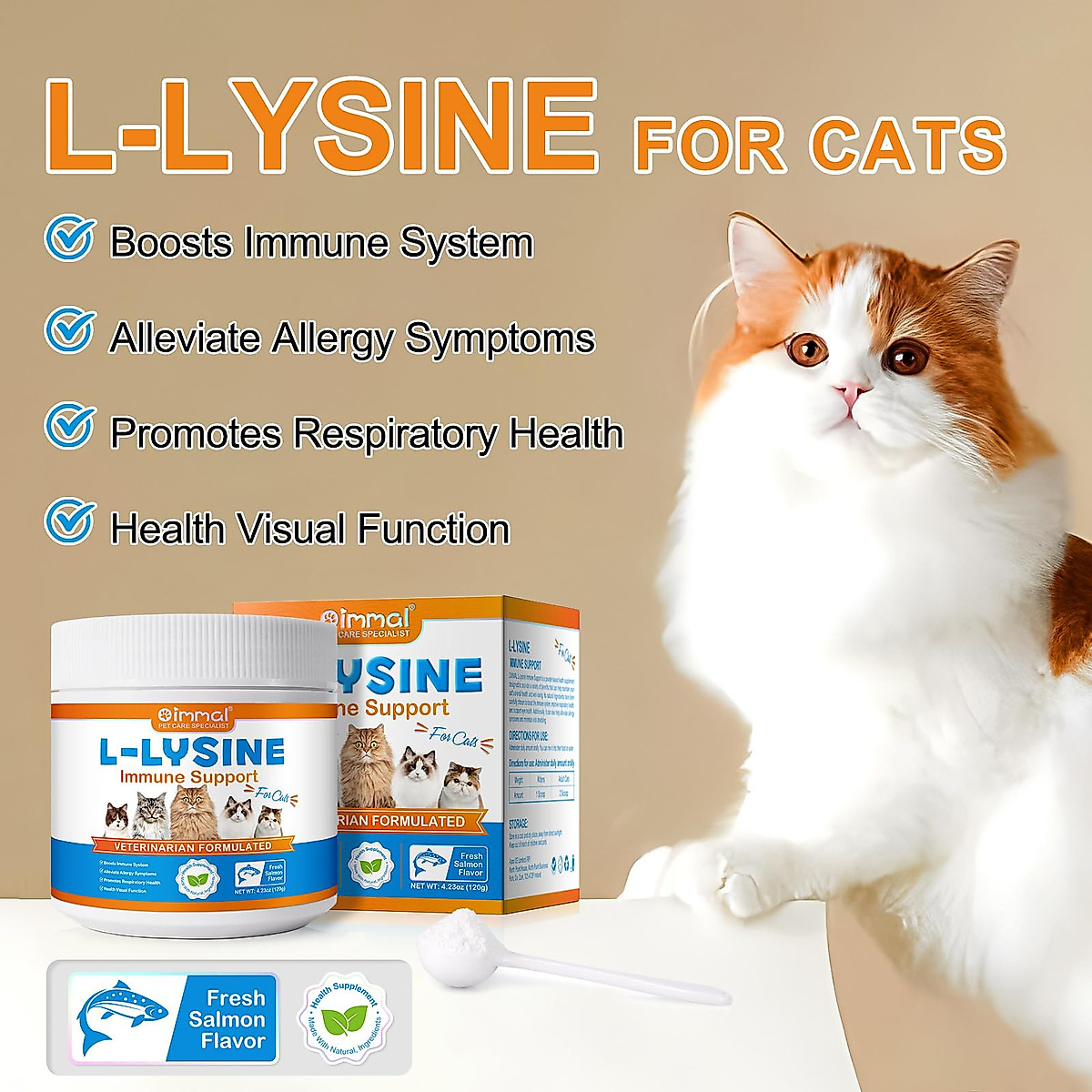 L-Lysine Powder for Cats, 120g Lysine Powder Supports Cats Immune System, Respiratory Health & Visual Function – Lysine Powder Improve Cats Eye Discharge, Pets Health Supplies, Salmon Flavor - 4.23oz