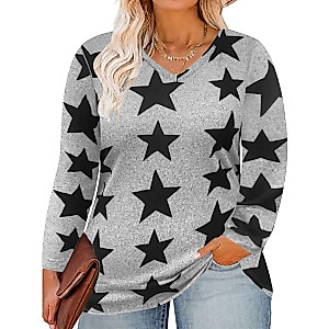 CARCOS Womens Plus Size Tops Grey Pullover Sweatshirts Long Sleeve Shirts V Neck Star Print Tunics Casual Blouses 5XL 26W 28W
