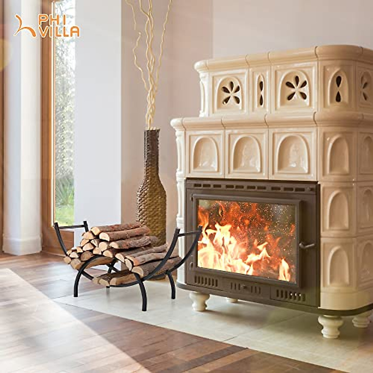 PHI VILLA 40 Inch Heavy Duty Large Curved Indoor/Outdoor Firewood Racks Log Hoop, Oval Base for Kindling Wood Storage Wood Stove Accessories, Black