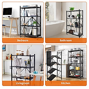 HPONQIONE 5-Tier Heavy Duty Foldable Metal Rack Storage Shelving Units 28" W x 14" D x 65" H for Kitchen Bakers Closet, Metal Wire,with Wheels Moving Easily