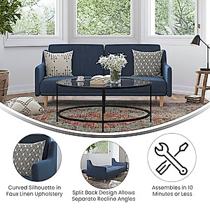 Flash Furniture Delphine Convertible Split Back Sofa Futon - Navy Faux Linen Upholstery - Solid Wood Legs - Curved Armrests - Sleeper Couch for Small Spaces