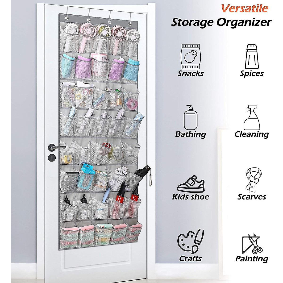 KIMBORA Large Hanging Storage Organizer Wide Over the Door Pantry Organizer kids Shoe Rack with 40 Mesh Pockets for Bathroom Cleaning Room, Grey
