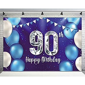 Happy 90th Birthday Banner Background Decorations Balloons Stars Crystal Confetti Theme Decor for Men or Women Cheers to 90 years Party Supplies Photo Booth Props Blue Purple Silver