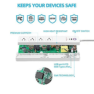 USB C Power Strips 65W, 4 Wide Outlets Power Bar, 5Ft Braided Extension Cord Flat Plug, Overload Surge Protection, Desk Charging Station for Office Home