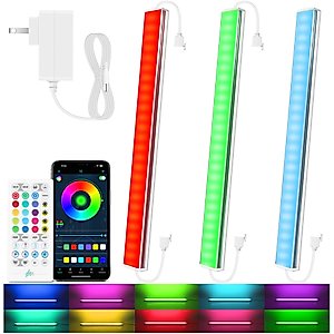Benreom 3 Pcs RGB Under Cabinet Lights Kit, Smart App and Remote Control Under Cabinet Lighting, Dimmible Under Counter Lights for Kitchen, Plug in LED Lights for Cabinet, Counter, Workbench, Desk