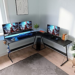 Bestier 65" LED L Shaped Gaming Desk Corner Computer Desk with RGB Lights Gamer Desk with Cup Holder Headset Hook Home Office Desk 22 Lighting Modes, Carbon Fiber Black