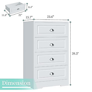 Shintenchi White Tall Dresser for Bedroom, 4 Drawer Narrow Nightstand, Chest of Drawers Vertical Wooden Dresser with Metal Handle, Living Room Storage Organizer, White and Silver