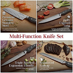 Master Maison Gray Kitchen Knife Set With Knife Block & Bonus Cleaver | German Stainless Steel Knives With Knife Sharpener & 6 Steak Knives | Professional Butcher Block Knife Sets For Kitchen