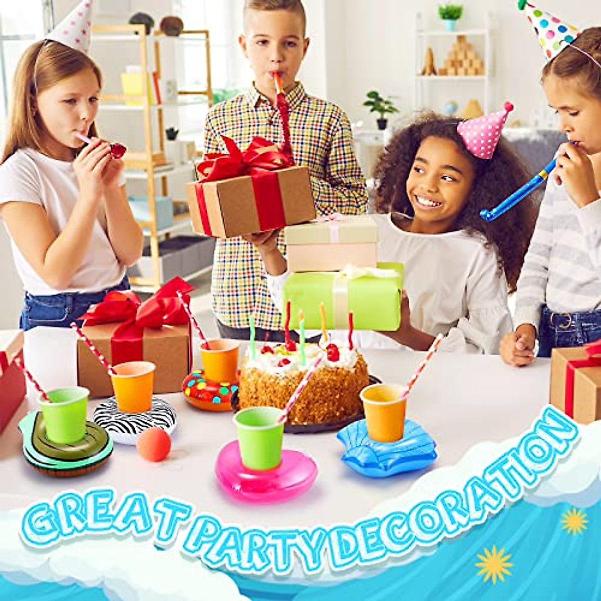 60 Pcs Pool Drink Floats Inflatable Drink Holder Drink Floaties Floating Cup Holders for Summer Swimming Pool Party Favors Bath Toys, 30 Styles